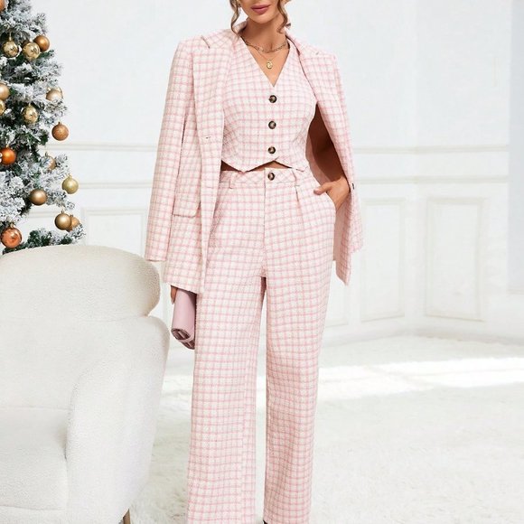 Jackets & Coats | Pink Preppy Womens Plaid Print Vest Blazer Pants ...